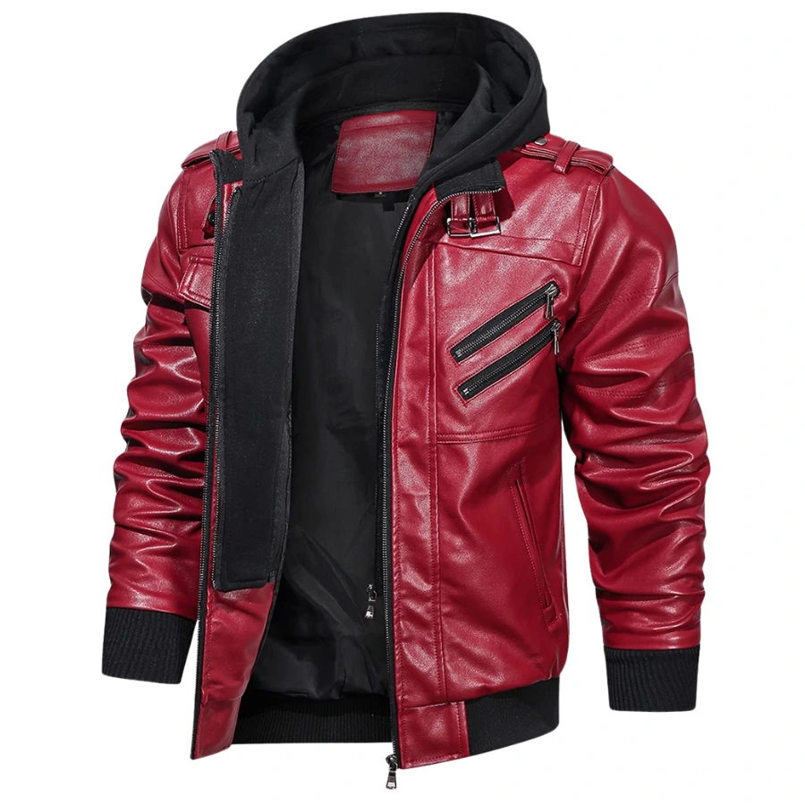 Raptor Red Hooded Leather Bomber Jacket | Bomber Leather Jackets For Men